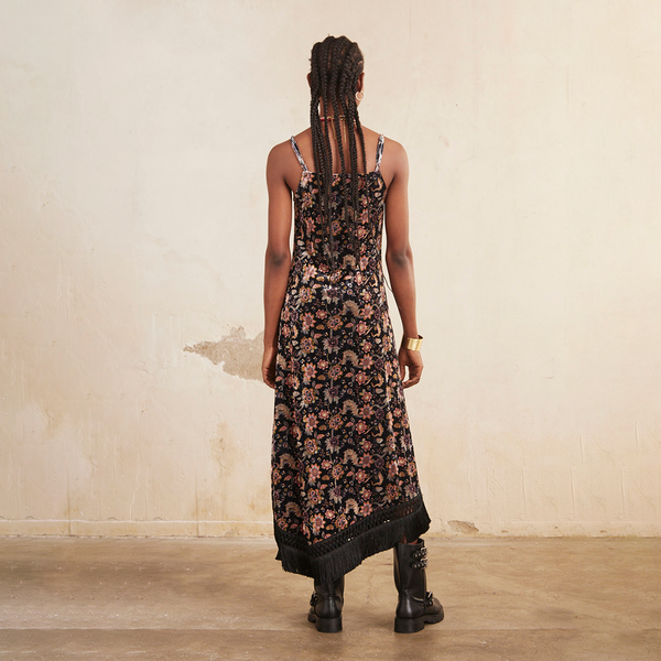 Black 'Usha' Long Floral Print Velvet Dress by NKN Nekane – Curated Living