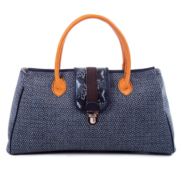 Large Blue and Orange Leather and Fabric Handbag. – Curated Living